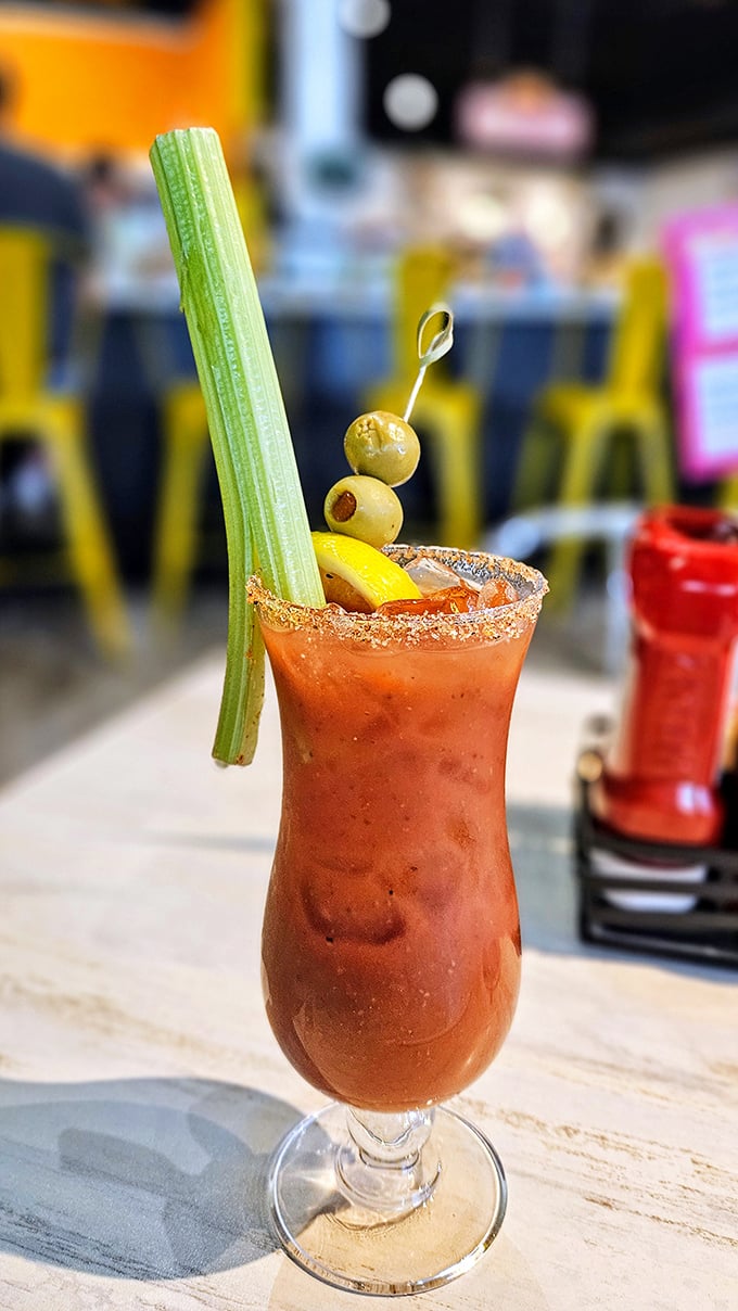 A Bloody Mary that's practically a salad on a stick. The celery stalk alone deserves its own Instagram account.