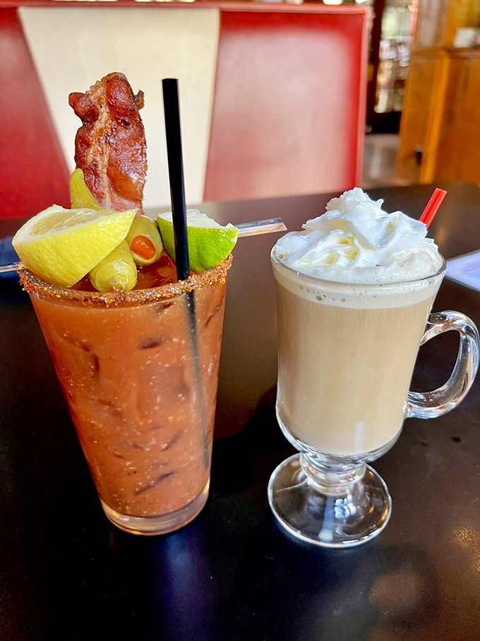 The Bloody Mary comes with its own bacon garnish, while the Irish coffee stands by like a creamy, boozy dessert in a glass. Brunch perfection!