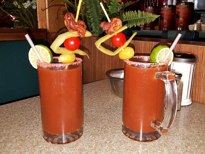 Bloody Marys garnished like small salad bars. These aren't just drinks&mdash;they're liquid appetizers with personality.