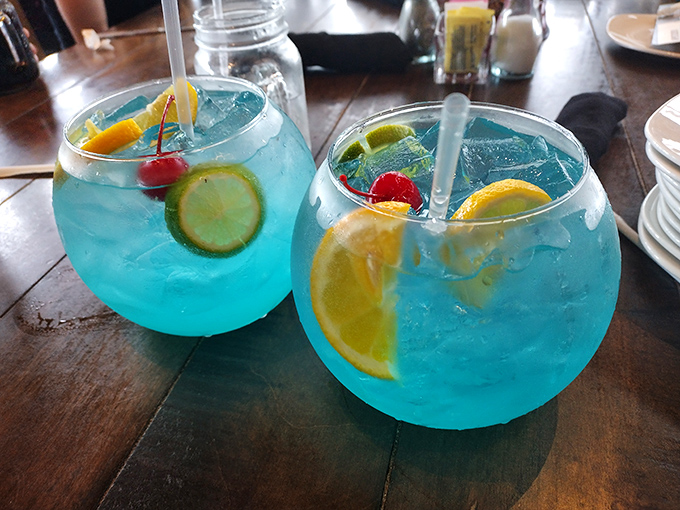 Blue Lagoon cocktails that look like they belong in a tropical paradise, not the Ozarks. One sip and you'll swear you hear steel drums.