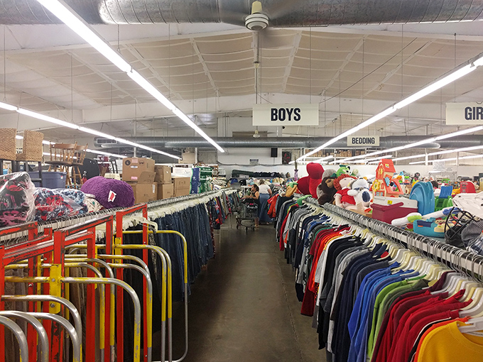 The children's section: where outgrown clothes find new adventures. Organized by size and color, it's a parent's budget-saving dream come true.