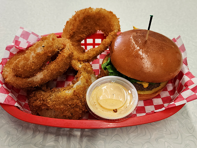 This burger and onion rings basket doesn't need filters or fancy plating&mdash;it's the taste equivalent of your favorite broken-in jeans and concert t-shirt.