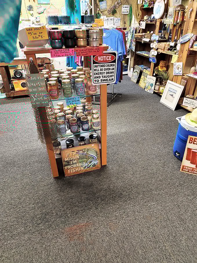 "Unattended children will be given espresso"&mdash;the market's sense of humor shines alongside handcrafted candles and coastal decor.