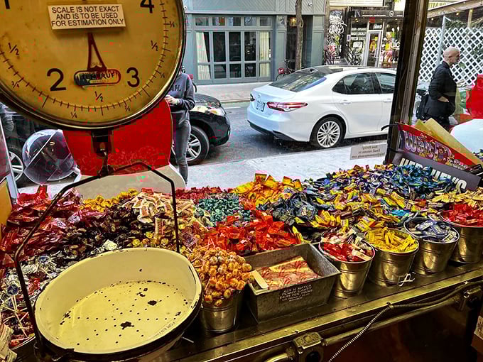Old-school candy scale and metal bins create the perfect backdrop for penny candy that, ironically, hasn't cost a penny since your grandparents were kids.