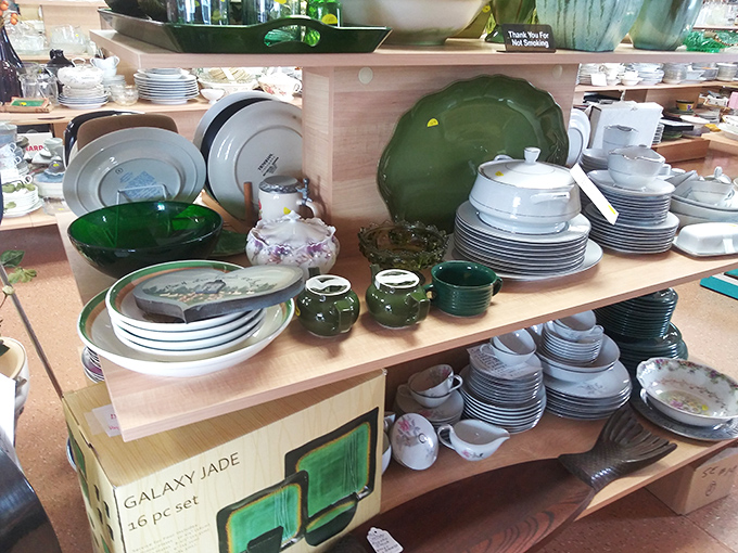 Dishes and serving pieces arranged with more care than most family reunions, ready to find new homes and host new memories.