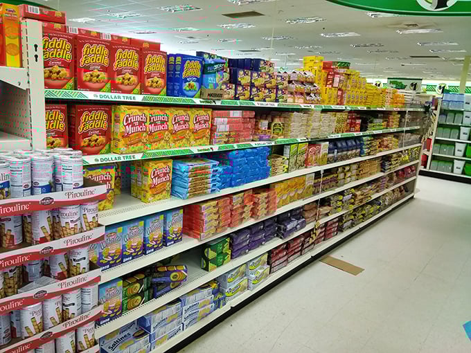 Name-brand cereals and pantry staples line the shelves. Breakfast of champions meets budget of realists in this carb-laden paradise.