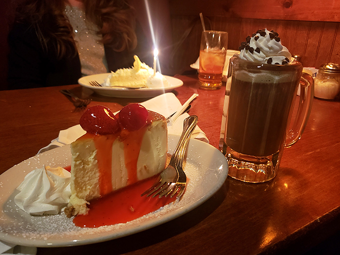 Cheesecake topped with cherries and a hot chocolate that's essentially dessert in a mug&mdash;because one sweet isn't enough. 