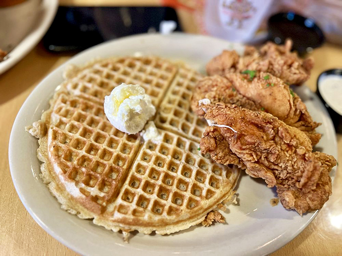 The signature chicken and waffles&mdash;a sweet and savory romance that proves some of the best relationships are the ones that don't make sense on paper.
