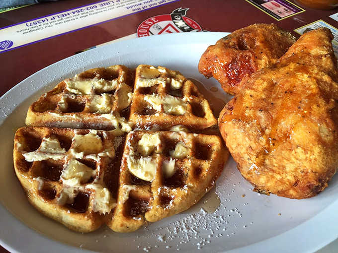 The chicken and waffle combo that settles the sweet-versus-savory breakfast debate with a definitive "Why not both?"