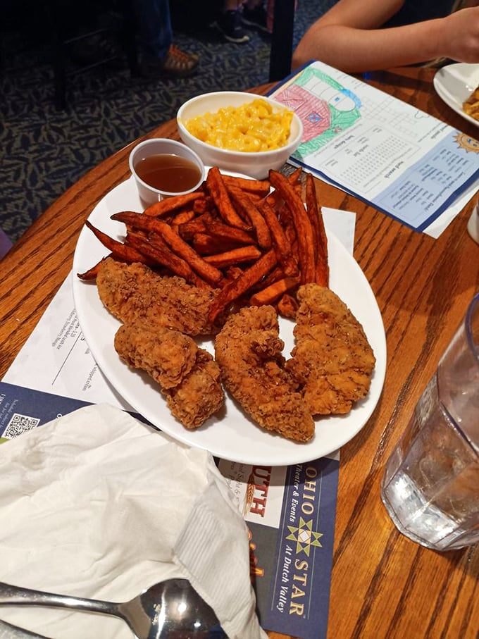 Chicken tenders that put chain restaurants to shame, paired with sweet potato fries that taste like they were harvested that morning.