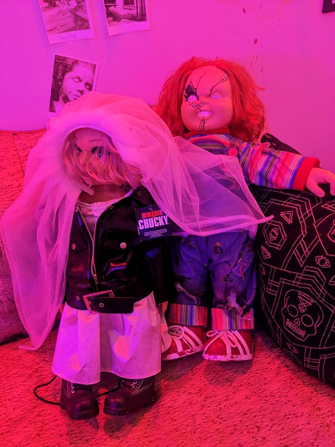 The infamous Chucky and his bride, caught in a tender moment. Relationship goals for the homicidally inclined couple in your life.