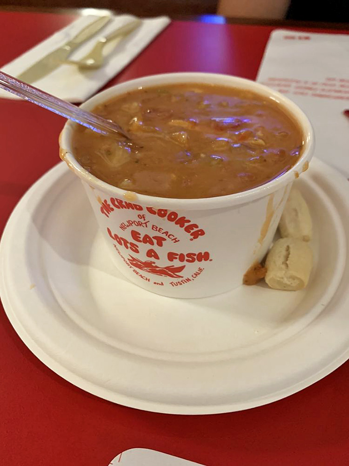 Manhattan clam chowder served in a cup that tells you to "Eat Lots of Fish"&mdash;advice worth following at this Newport Beach institution.