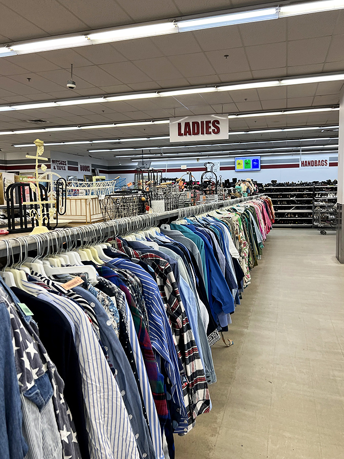 Men's shirts lined up like soldiers, each one with a history and ready for a second act in someone else's wardrobe.