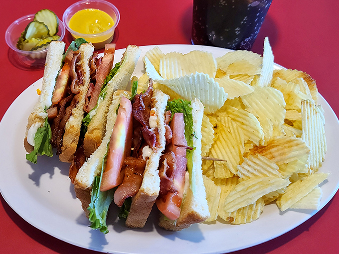 The club sandwich&mdash;architecture you can eat. Three stories of deliciousness held together with toothpicks and determination, served with rippled chips.