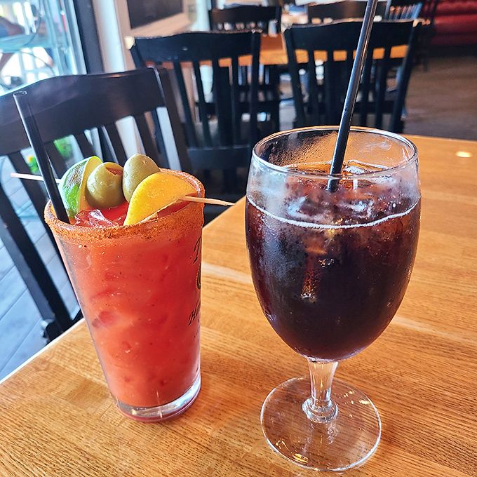 A proper Bloody Mary and iced tea&mdash;because hydration is important, especially when one option comes with its own salad bar of garnishes.