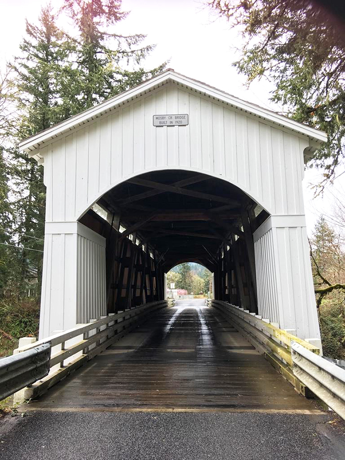 Mosby Creek Covered Bridge whispers stories of horse-drawn carriages and Model Ts while sheltering modern travelers from Oregon's famous rain.