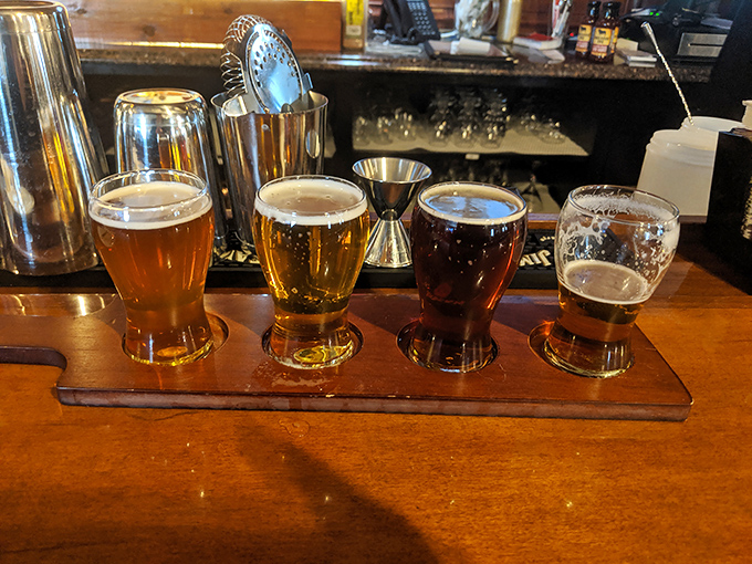 The beer flight that launched a thousand opinions. Four amber beauties standing at attention, ready to complement every smoky, spicy bite of barbecue.