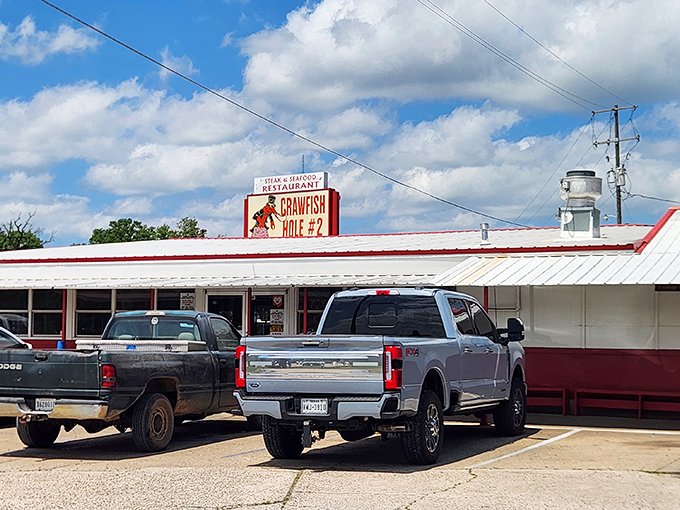 At Crawfish Hole #2, the pickup trucks in the parking lot tell you everything you need to know. Local approval is the only endorsement that matters.