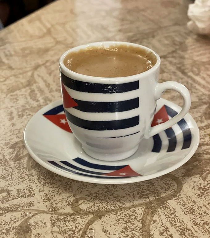 Cuban coffee in a patriotic cup—liquid rocket fuel that makes espresso seem like sleepytime tea. The perfect ending to a meal or beginning to an adventure.