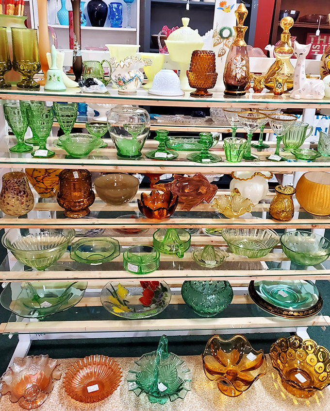 A rainbow of Depression glass proves that even during tough times, Americans insisted on bringing beauty to their tables. That green collection is particularly dreamy!