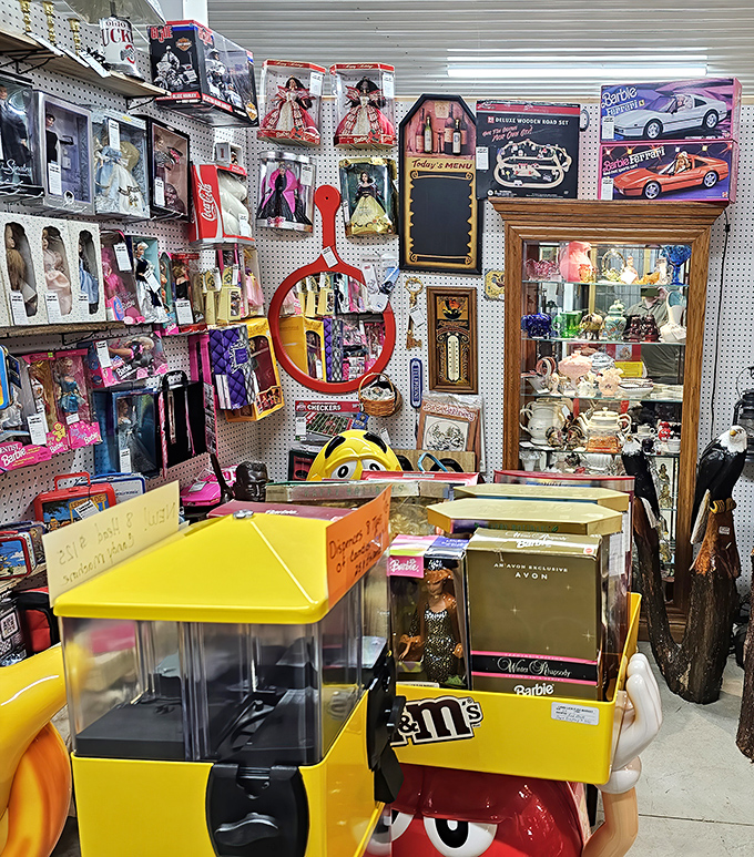 Childhood memories encased in glass! From collectible Barbies to vintage M&M dispensers, this booth is where grown-up allowances go to disappear.