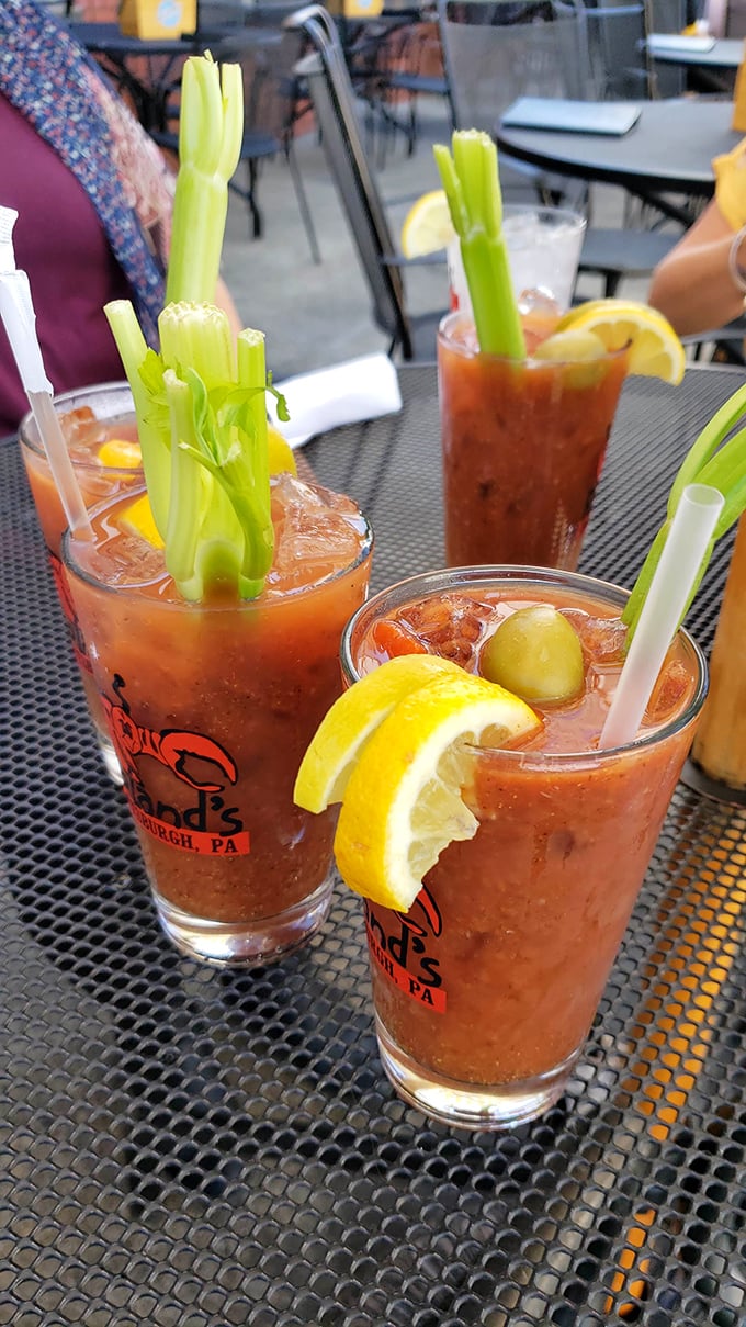 Bloody Marys garnished with celery stalks tall enough to qualify as vegetables in your daily diet. The perfect brunch companion or hangover remedy.