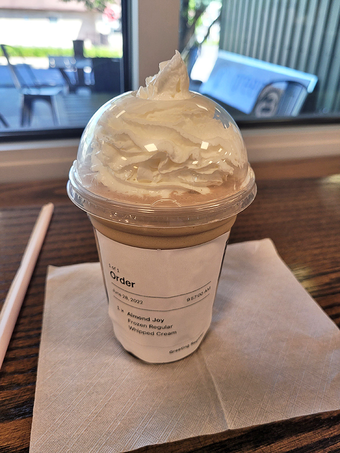 Even their drinks come dressed for the occasion. This Almond Joy frozen treat is dessert in disguise, fooling no one but pleasing everyone.