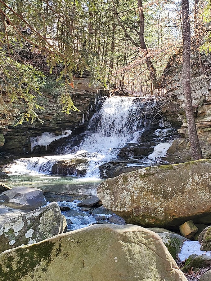 Water cascades over ancient stone steps, creating nature's perfect soundtrack. This hidden waterfall rewards hikers who venture beyond the main trails.