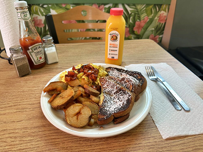 French toast that looks like it's been dipped in happiness. The powdered sugar dusting is just the beginning of this sweet morning masterpiece.