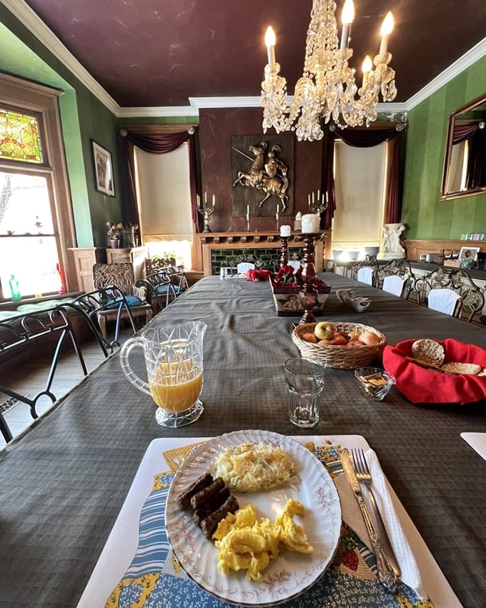 Scrambled eggs and sausage links served on vintage china&mdash;breakfast in a castle dining room makes even coffee taste more majestic.