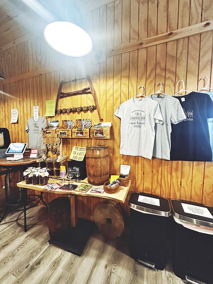 The gift shop corner offers souvenirs that actually deserve precious suitcase space. That barrel table wasn't built in a day, but it was built with love.