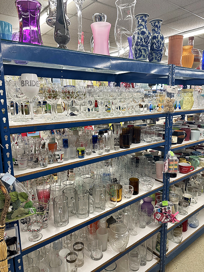 Crystal and glassware galore! From "Bride" goblets to everyday tumblers, these vessels await your favorite beverages and dinner party debuts.