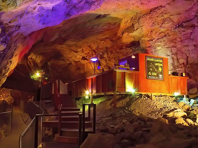 The Grand Canyon Caverns Inn glows with otherworldly charm, proving that sometimes the most magical accommodations are hidden right under your feet.