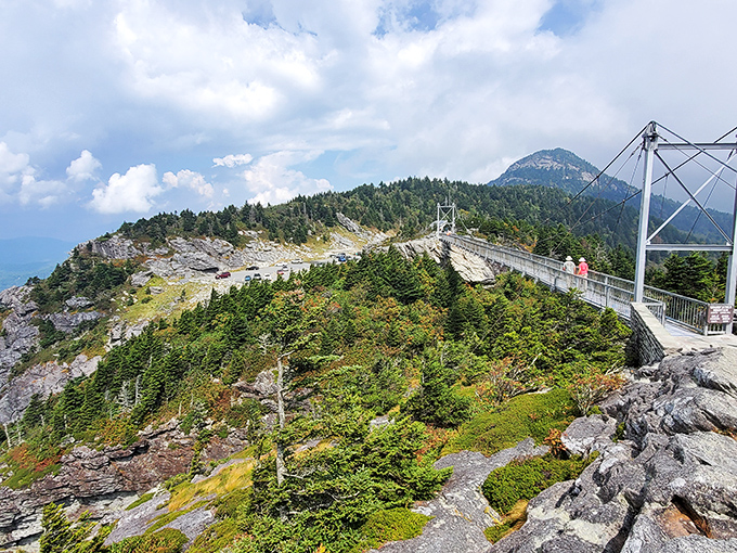 Grandfather Mountain's Mile-High Swinging Bridge: where acrophobia meets breathtaking beauty. Your Instagram followers will think you've developed professional photography skills overnight.