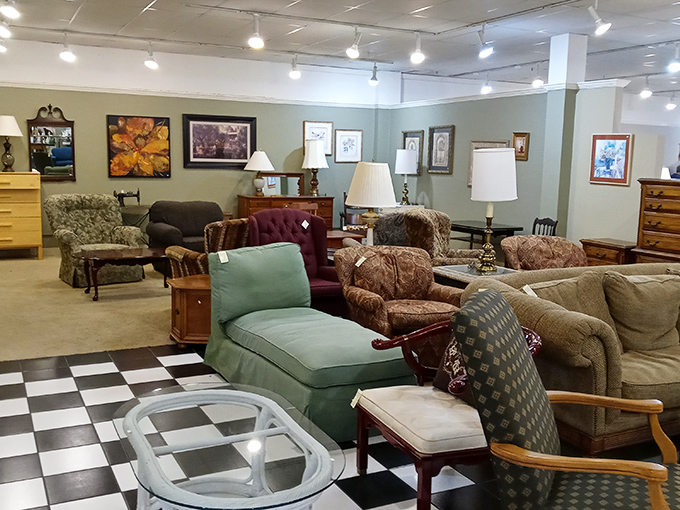 Furniture showroom or thrift store? The well-arranged living room sets make you wonder if you've wandered into a department store time machine.