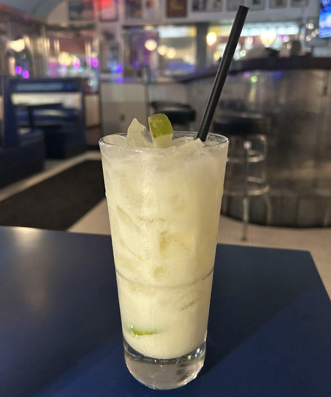 Cocktail o'clock at the diner&mdash;this frosty concoction with a lime garnish proves that sometimes the best food groups are "frozen" and "refreshing."