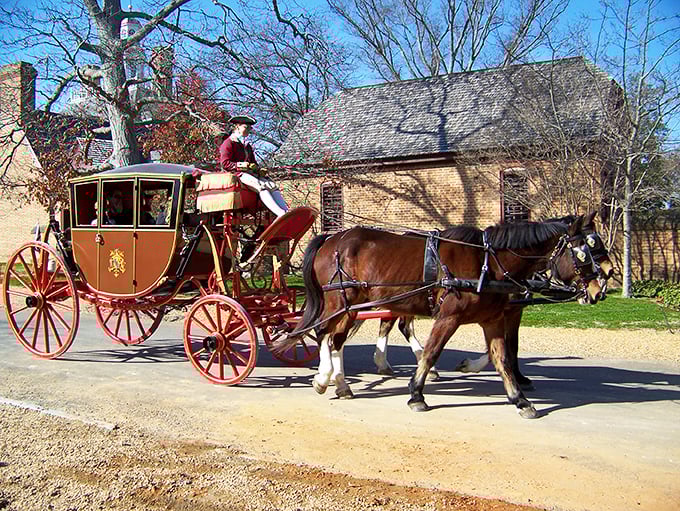 A horse-drawn carriage clip-clops through history—the colonial Uber, but with better conversation and significantly more authentic horsepower.