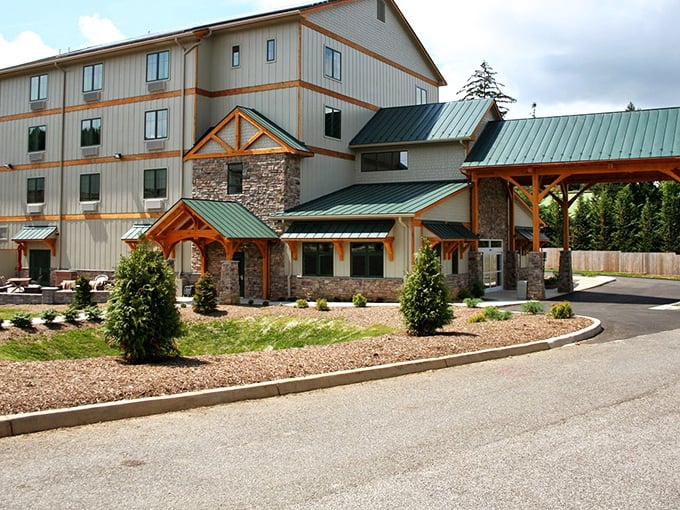Hotel Floyd welcomes visitors with mountain lodge aesthetics, proving you don't need a chain hotel to enjoy comfortable accommodations with local character.