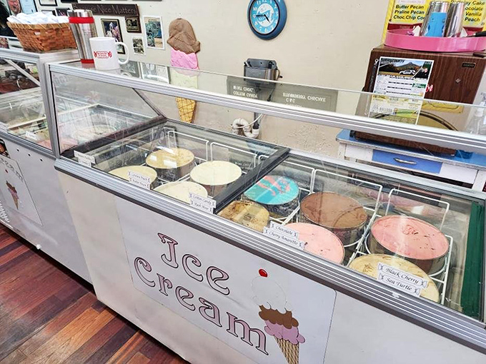 Ice cream flavors lined up like colorful soldiers ready for duty. The only difficult decision you'll make today is which scoop deserves your attention first.