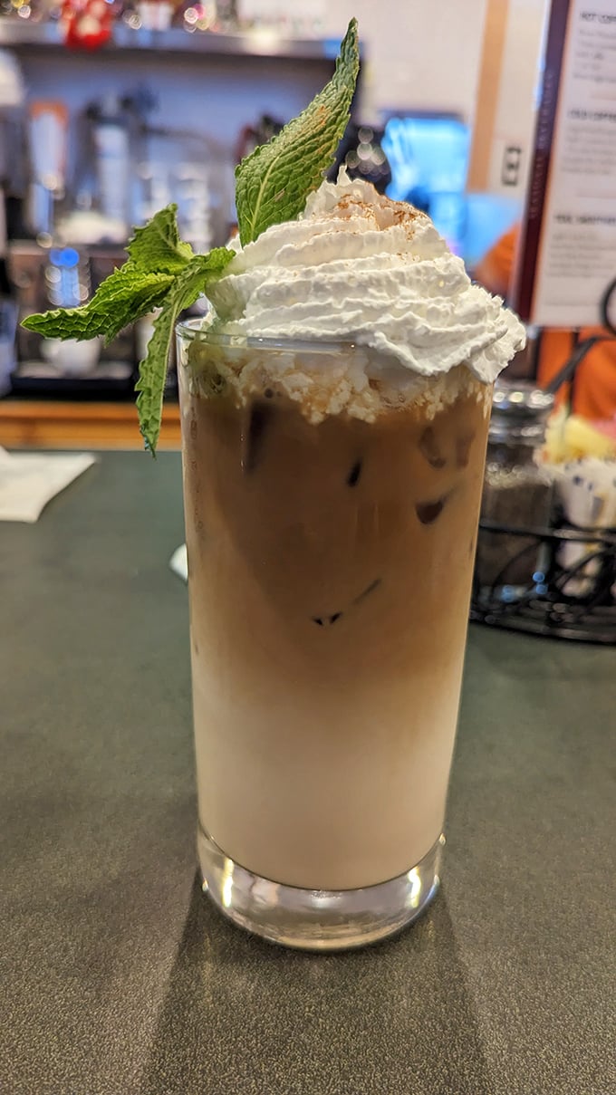 This isn't just coffee—it's a dessert masquerading as a morning beverage, topped with whipped cream and mint like it's dressed for a fancy party.