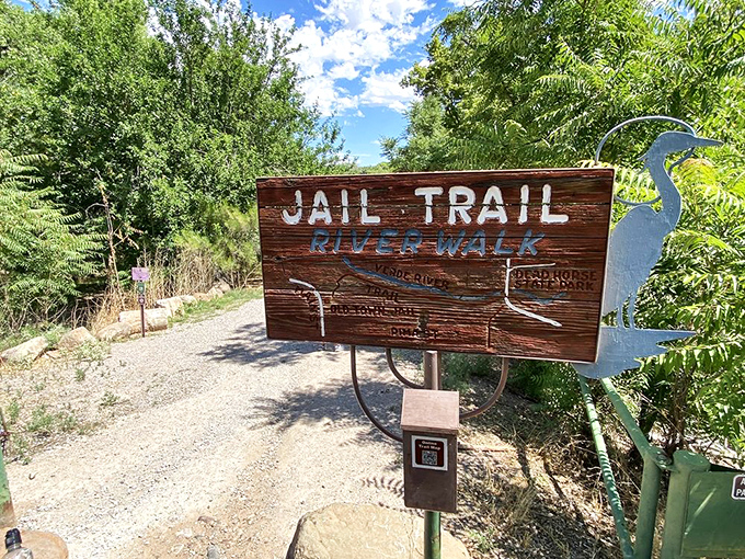 The Jail Trail River Walk sign promises adventure with a side of history&mdash;exactly what you want from a small-town exploration.