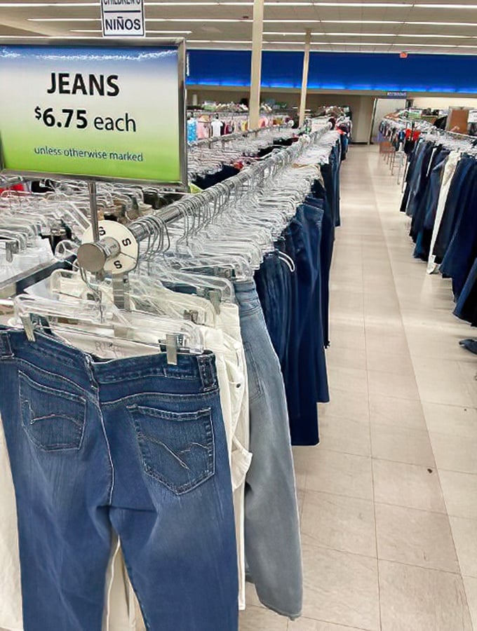 Denim heaven awaits at $6.75 per pair, with every wash, cut, and style imaginable lined up like blue soldiers ready for duty.