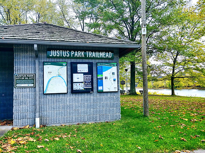 Justus Park's trailhead invites adventure without intimidation, the gateway to outdoor experiences that don't require expensive gear or guides.