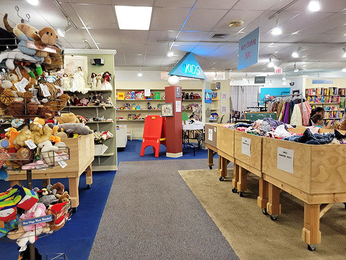 The kids' section: where teddy bears await adoption and parents discover the joy of buying toys without assembly instructions or batteries required. 