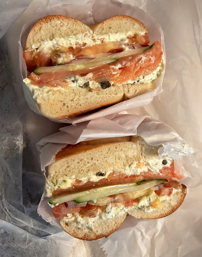 Lox and bagel perfection: silky salmon, creamy cheese, crisp vegetables. The breakfast that launched a thousand brunches and never disappoints.