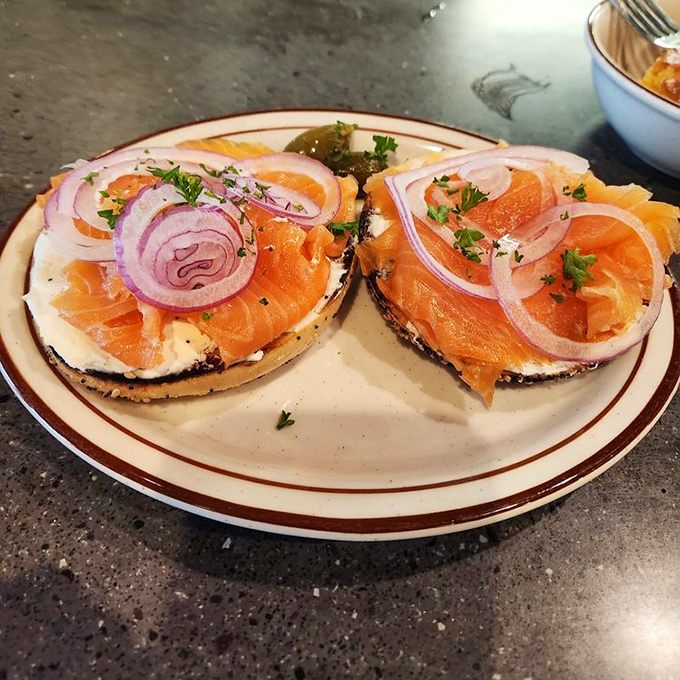 Lox so vibrant it practically winks at you, paired with cream cheese and red onion on a bagel that means business.