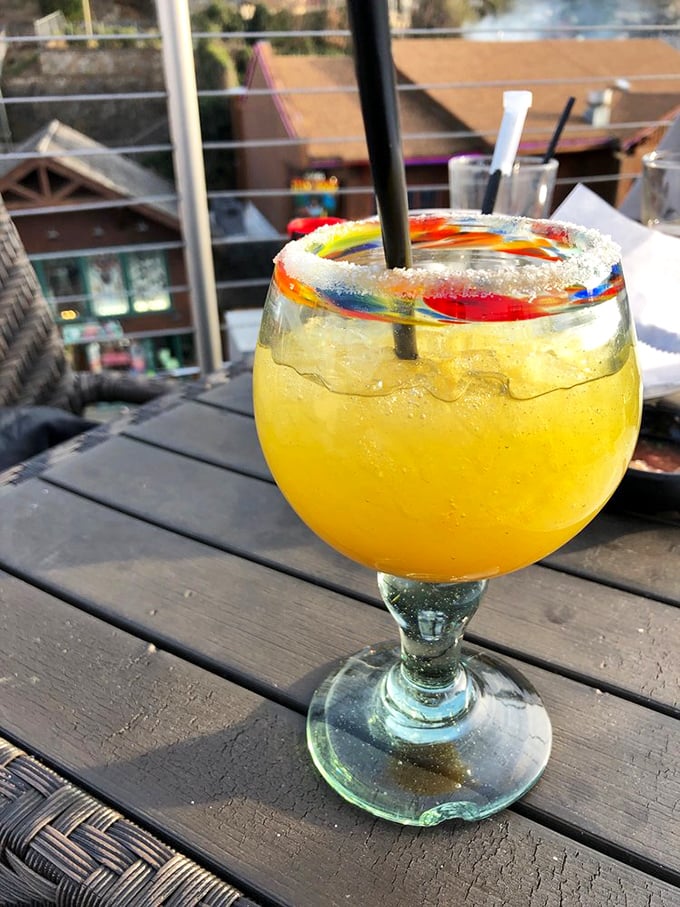A vacation in a glass &ndash; this sunshine-colored margarita offers views of Gatlinburg below while delivering liquid courage for your upcoming mechanical burro ride.