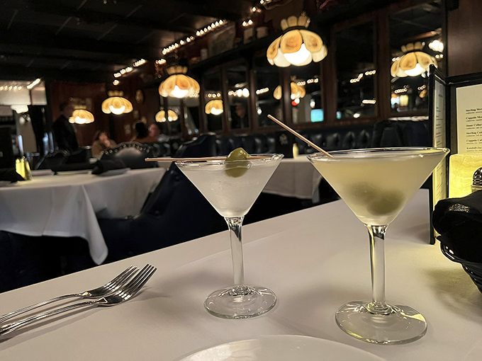 Two martinis waiting patiently for their dinner companions. Classic, clean, and cold &ndash; like James Bond but with better table manners.