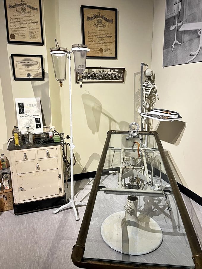 The historical embalming equipment looks more like a mad scientist's lab than modern medical tools. Makes today's doctor visits seem considerably less intimidating!