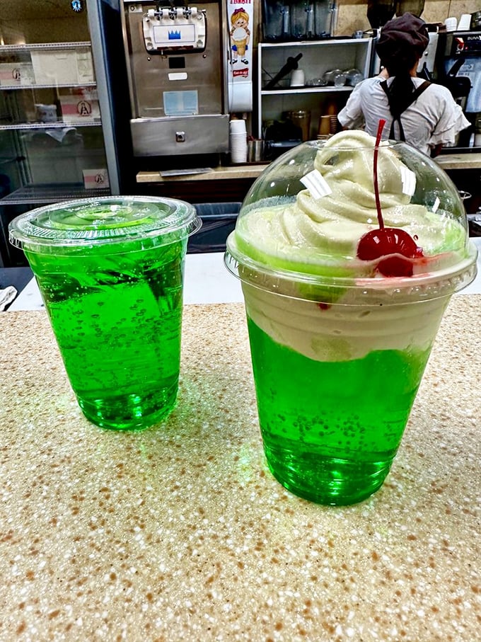 Melon soda floats&mdash;electric green nostalgia in a cup. Like drinking a Jolly Rancher that went to finishing school.